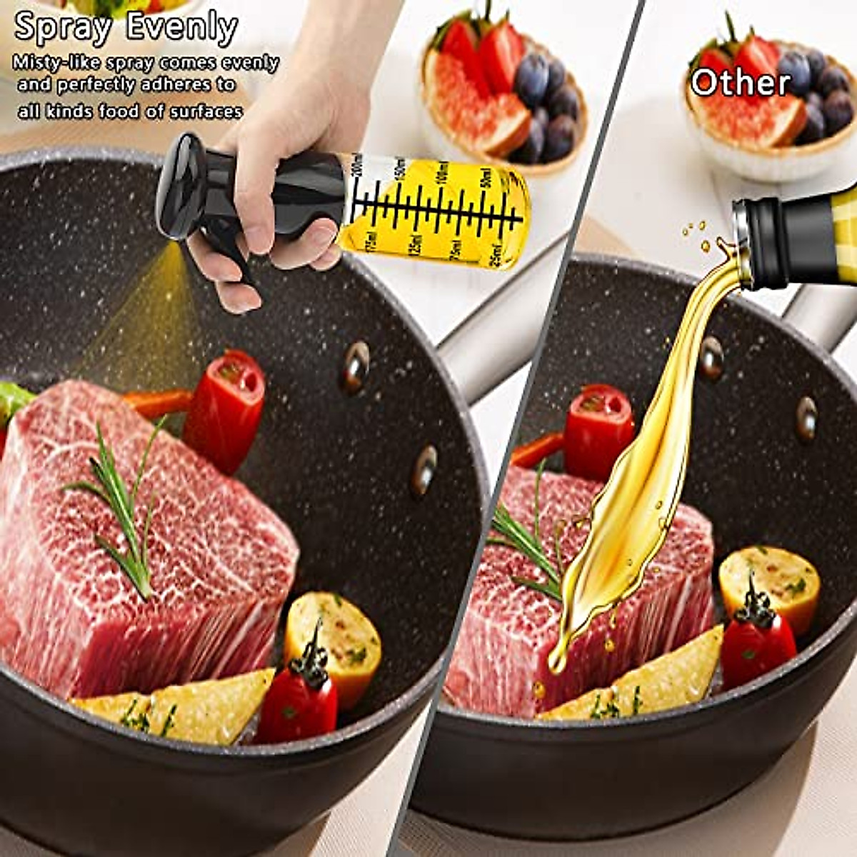 Olive Oil Sprayer for Cooking, 200ml Glass Oil Sprayer Mister, Olive Oil Spray Bottle, Refillable Food Grade Oil Vinegar Spritzer Sprayer Bottles for Kitchen, Widely Used Air Fryer, Salad, Baking