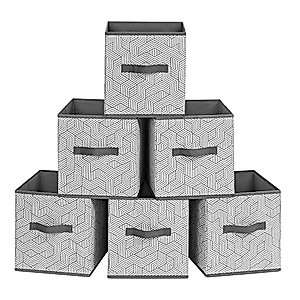 SONGMICS Storage Cubes, Set of 6 Non-Woven Fabric Storage Bins, Cube Drawers for Shelves and Closet Storage, Foldable, for Clothes Toys, Gray with Zigzag Pattern UROB016G01