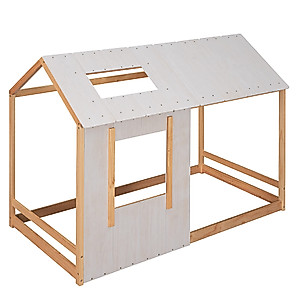 Twin House Bed for Kids, Wooden Twin Floor Bed Frame with Roof and Window, for Girls Boys (Twin Size, Natural+Antique White)