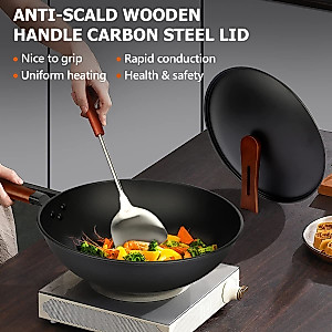 LEITAO Carbon Steel Wok Pan, 14 Piece Woks & Stir-Fry Pans Set with Lid & Cookwares, No Chemical Coated Flat Bottom Chinese Woks Pan for Induction, Electric, Gas, Halogen All Stoves