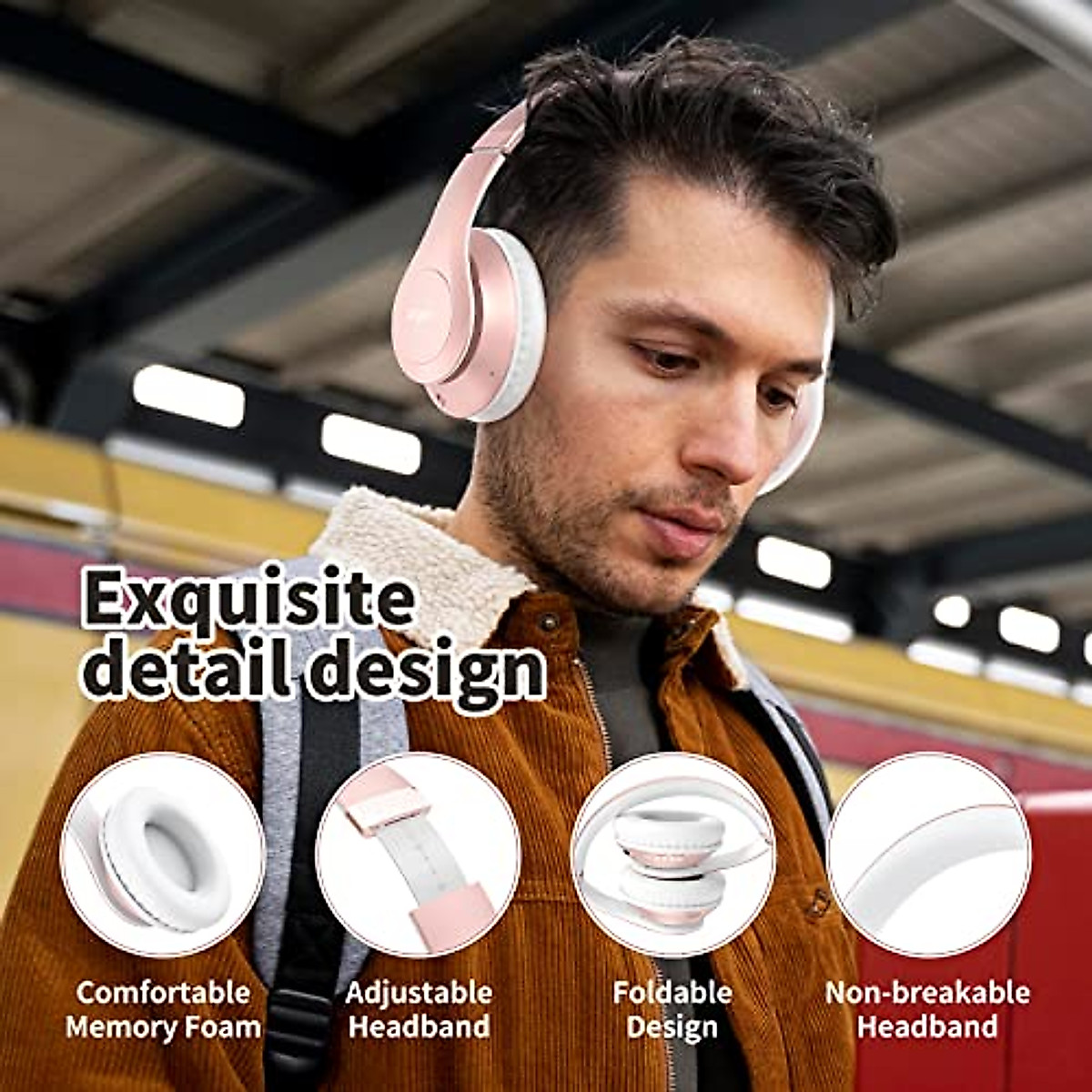 Uliptz Wireless Bluetooth Headphones, 65H Playtime, 6EQ Sound Modes, HiFi Stereo Over Ear Headphones with Microphone, Foldable Bluetooth 5.3 Headphones for Travel/Office/Cellphone/PC (Rose Gold)