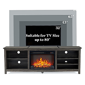 AMERLIFE Fireplace TV Stand, Wood Texture Entertainment Center with 23" Electric Fireplace, Farmhouse Entertainment Stand Media TV Console for TVs Up to 80", 70 inches, Rustic Grey