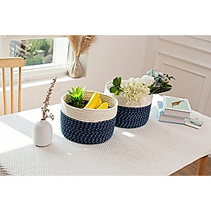 LixinJu Small Baskets for Organizing Small Woven Basket Set of 2 Blue Small Rope Basket Set with Handle for Toy Cotton Round Storage Kids Baby Dog Cat Gifts, 9.5"x9.5"x7"