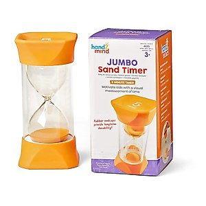hand2mind Orange Jumbo Sand Timers, 5 Minute Sand Timer, Hourglass Sand Timer with Soft Rubber End Caps Offers Quiet Pausing, Classroom Sand Timers for Kids, Teeth Brushing and Game Timer (Set of 1)