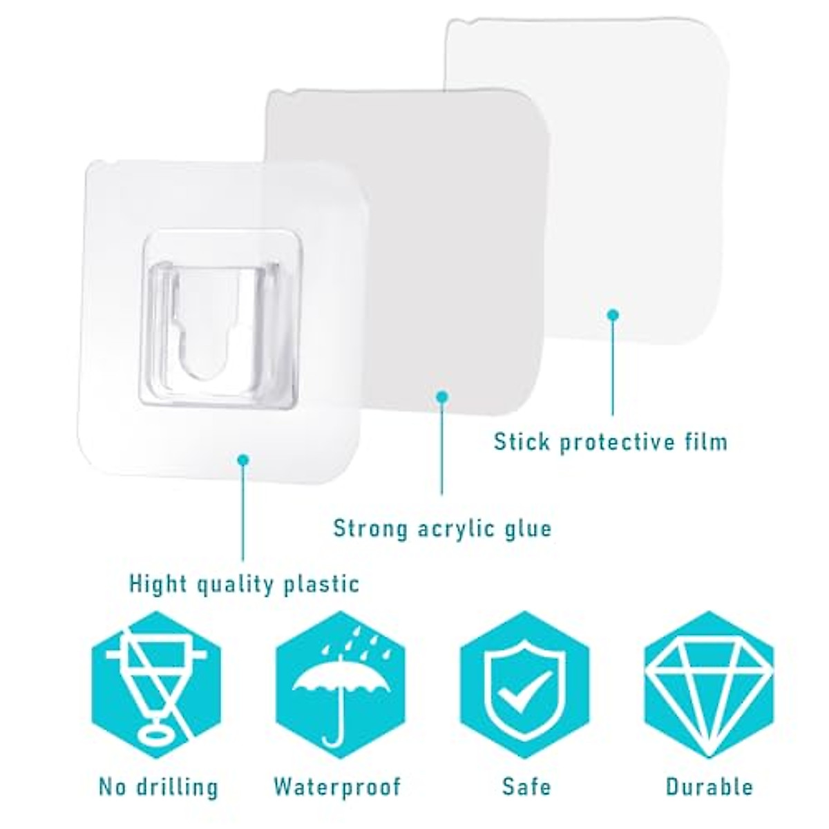 Qianyu 50Pcs Double Sided Adhesive Wall Hooks Transparent Wall Adhesive Hooks for Hanging Clip Rain Sticky Hooks Clear Waterproof Utility Sticker Hook for Shower Bathroom Kitchen Office Basket Picture