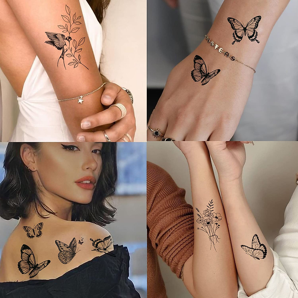 Tazimi 6 sheets large Black Butterfly Temporary Tattoos for Women-flowers butterflies Hummingbird swallow Rose Temporary Tattoos Waterproof Long Lasting Tattoos Stickers Sexy Fake Tattoo for Adults
