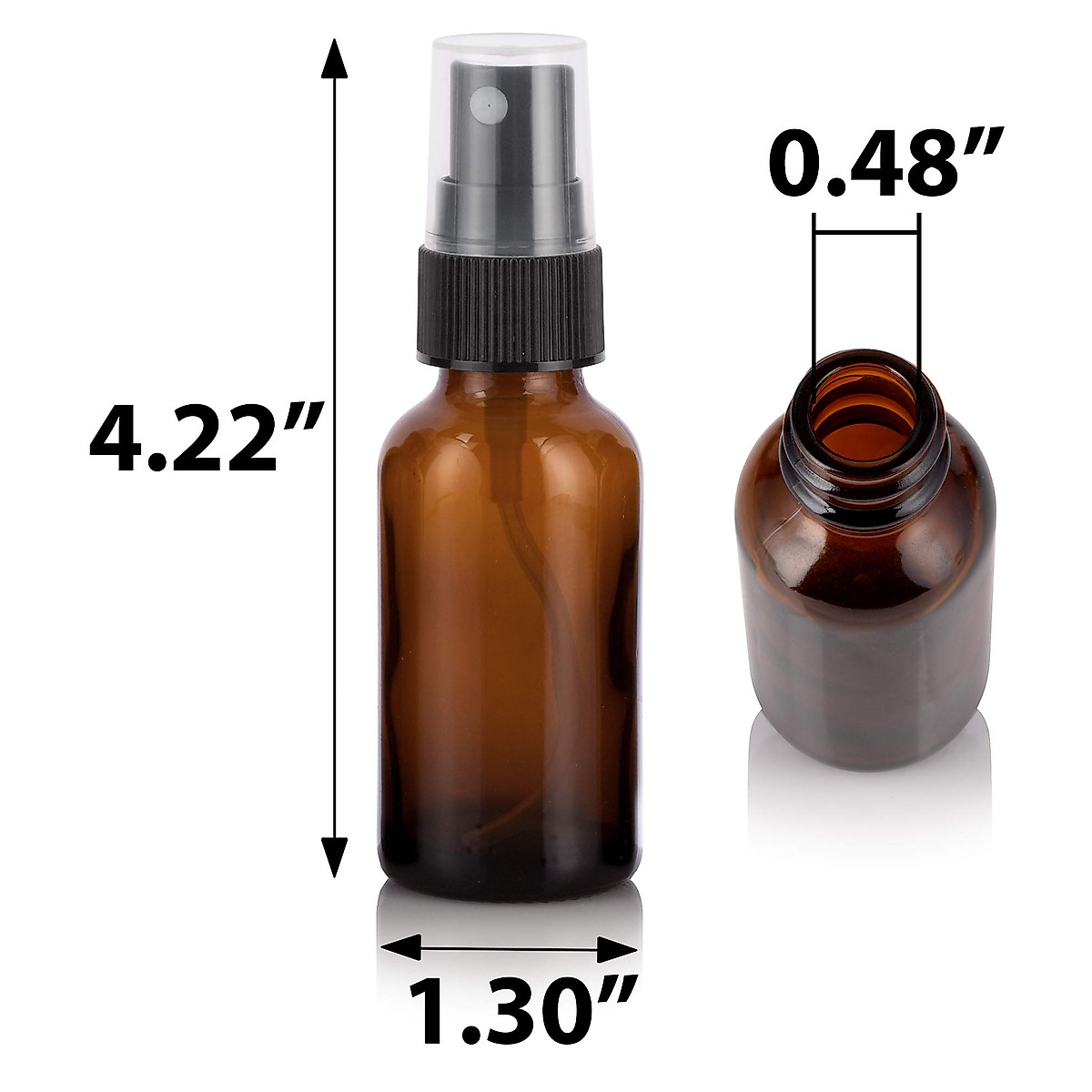 JUVITUS 1 oz Amber Glass Boston Round Bottle with Black Fine Mist Sprayer (12 pack) + Funnel