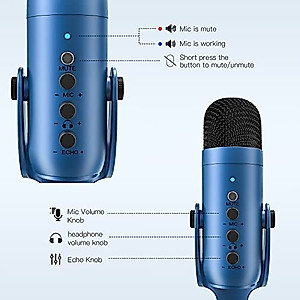 ZealSound USB Microphone,Condenser Gaming Mic for Phone/Laptop/PC/PS4/5/Computer,Microphone with Gain Knob,LED Mute,Monitor Volume Adjustment,Stand Base for Streaming, Podcast, Studio Recording (Blue)