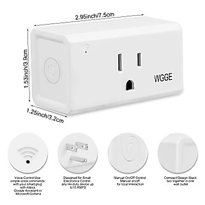 Smart Plug, WGGE WiFi Smart Plug Outlet Compatible with Alexa or Google Assistant, APP Remote Control Anywhere, Timer Function, No Hub Required, 2.4 Ghz Network Only (White / 2 Pieces)