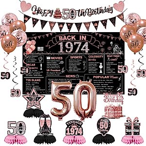 DARUNAXY 50th Birthday Party Decorations for Women, Rose Gold Back in 1974 Banner, Rose Gold 50 Number Balloons & Cake Topper, Vintage 1974 50 Birthday Honeycomb Hanging Swirl Confetti Balloons(27PC)