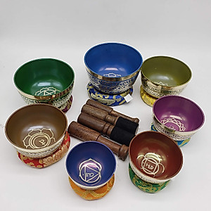 Khusi Tibetan Singing Bowl Set of 7, Handmade, 7 Colors Singing Bowl, Chakra healing, Relaxation, Stress Relief and Spiritual Singing Bowl, Comes w/silk cushions, 4 sticks and Brocade Box
