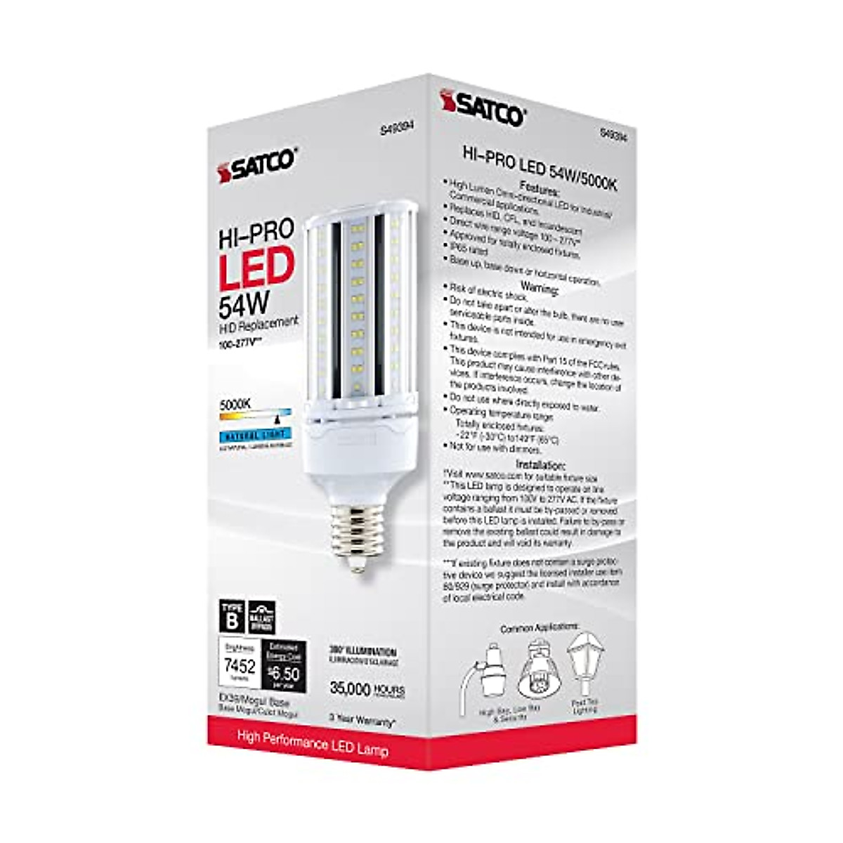 Satco S49394 Hi-Pro High Lumen LED Corncob Light Bulb, HID Replacement, 54 Watts, White