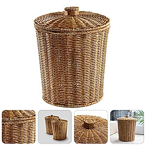 Tofficu Plastic woven wastebasket Woven Storage Baskets with Lid Laundry Basket Paper Waste Basket Garbage Container Bin for Home desktop garbage bin Office rattan storage basket