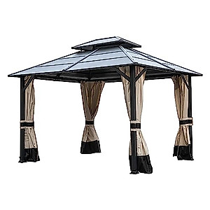 MONDAWE 10x12Ft Hardtop Gazebo Double Roof Permanent Gazebo Steel Frame Canopy Outdoor Pavilion Heavy Duty for Patio Lawn Garden with Curtains and Netting,Black