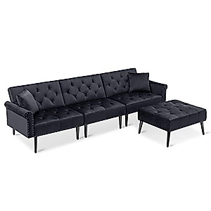 ivinta Convertible Velvet Sofa Couch, Sectional Sofa with Ottoman, Mid-Century Upholstered Comfy Sofa Bed, Queen Sleeper Sofa for 4-Seater, Modular Sofa for Living Room (Black)