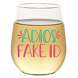 Adios Fake ID - Funny Cute Wine Glass, Stemless 15oz, Gift Box, 21st Birthday Gifts for Women, Finally Legal, R.I.P Fake ID, Happy 21st Birthday Gift for Women, Funny Gift Ideas for Sister, Friend