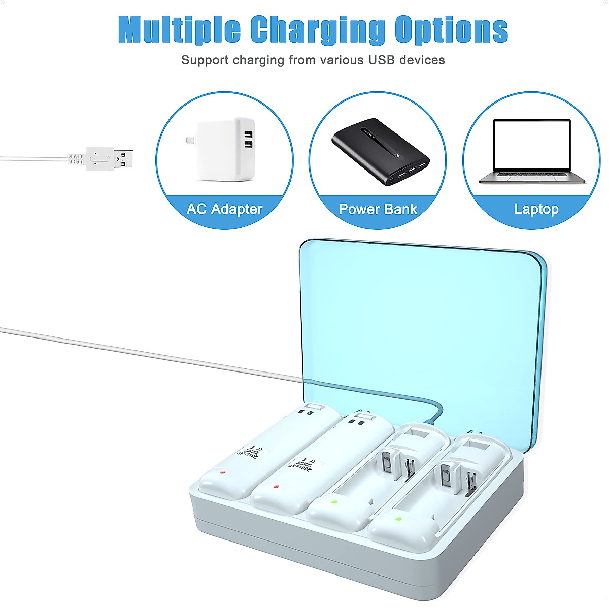 Battery Charger for Wii Remote Controller Battery, 4Pcs 2800mAh Rechargeable Battery Packs Compatible with Wii Controller