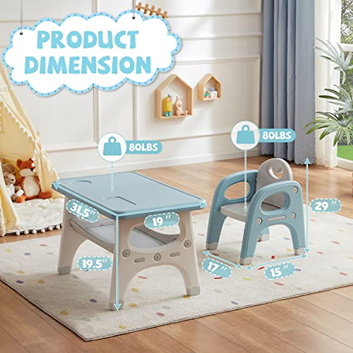 DOREROOM Kids Table and Chair Set, Plastic Children Activity Table with 2 Seats, Toddler Table and Chair Set for Reading, Drawing, Snack Time, Arts Crafts, Preschool, Gift for Boys Girls, Blue