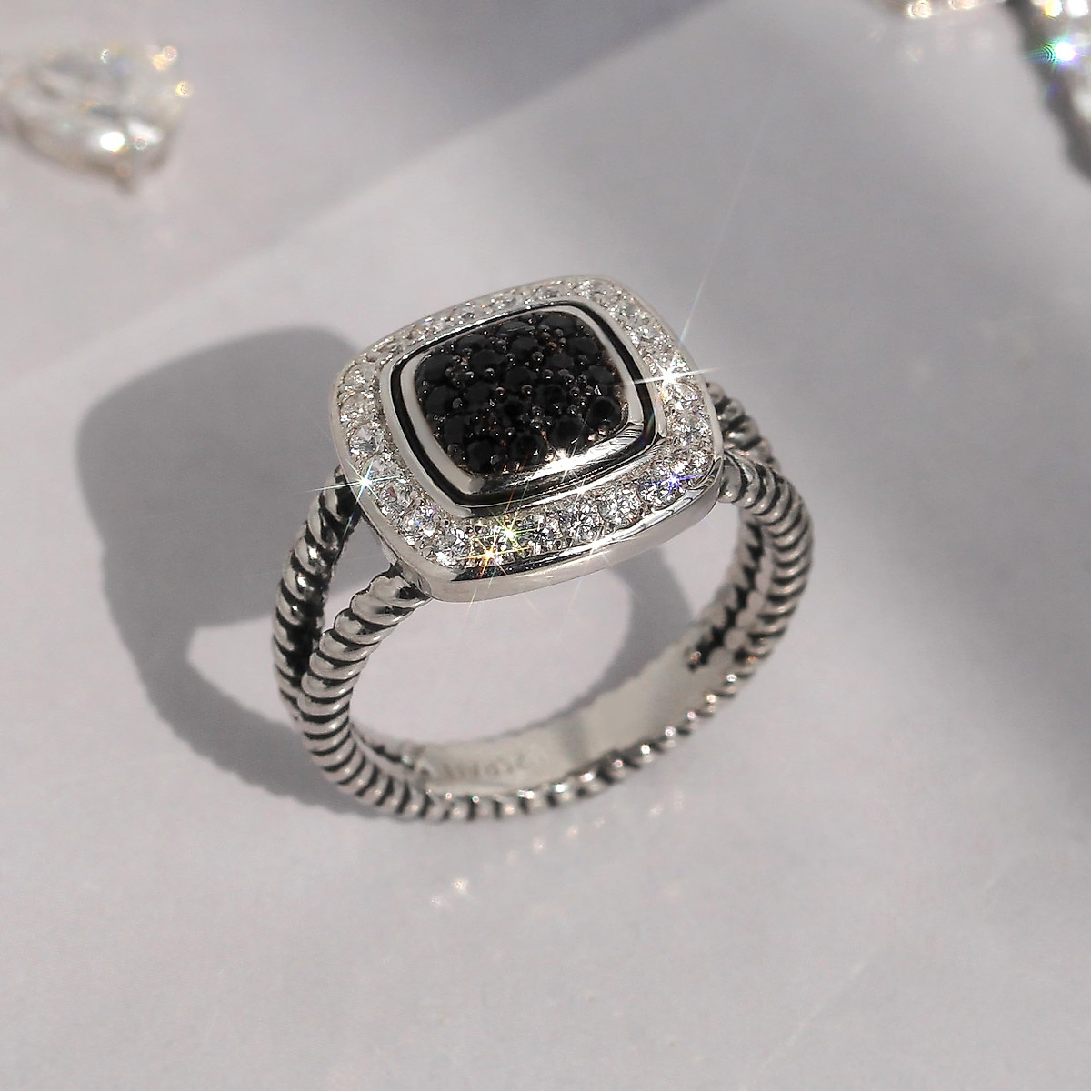 DoubleAccent Sterling Silver Ring White & Black CZ Rope Design Band Womens Ring 14MM (Size 5 to 9), 5