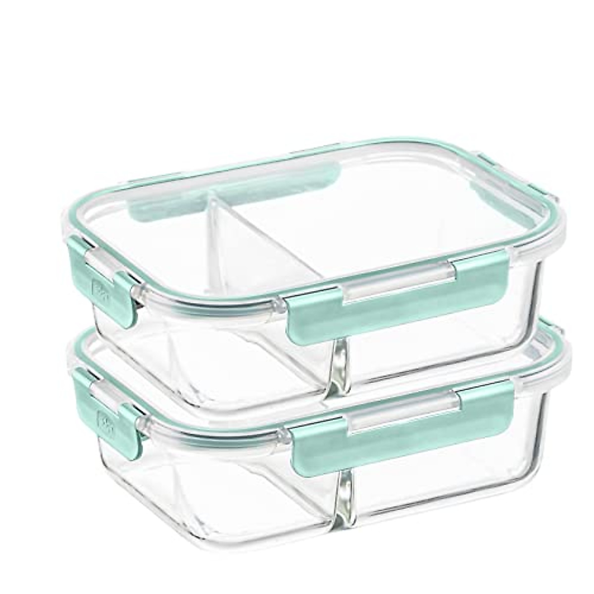 edge 2 Section Airtight Rectangle Glass Food Locktop Container (1500ML) 2 Pack, Mint