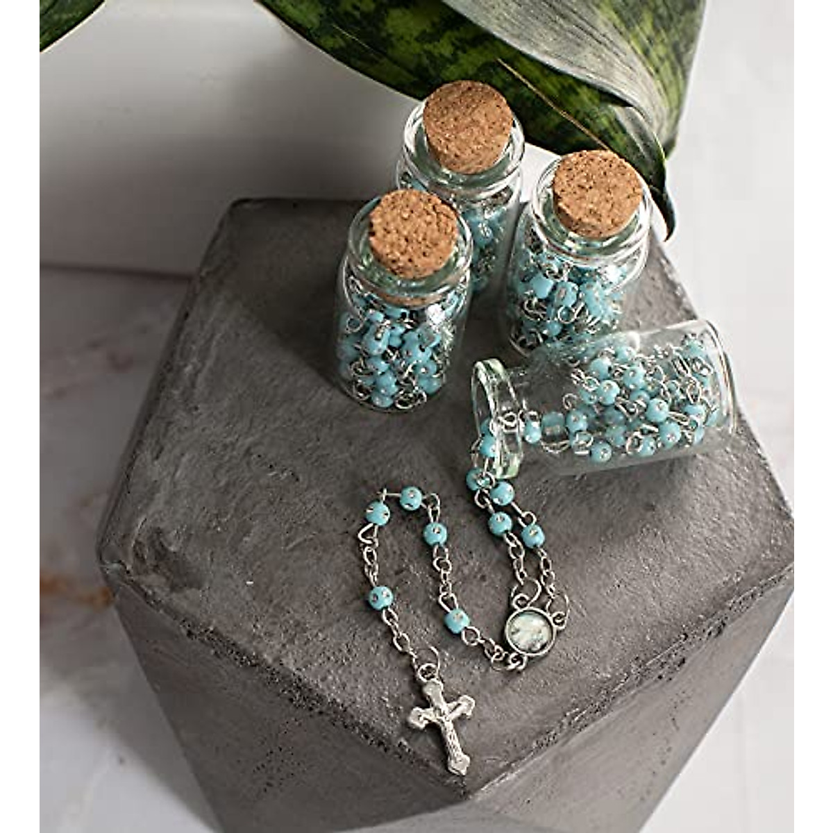 Baptism Favor (12PCS) Holy Communion Rosary in Glass Bottle Jar Recuerdos De Bautizo Quinceanera Christening Recuerdos para Primera Comunion Niña Quinceanera Gift for Guests Blue