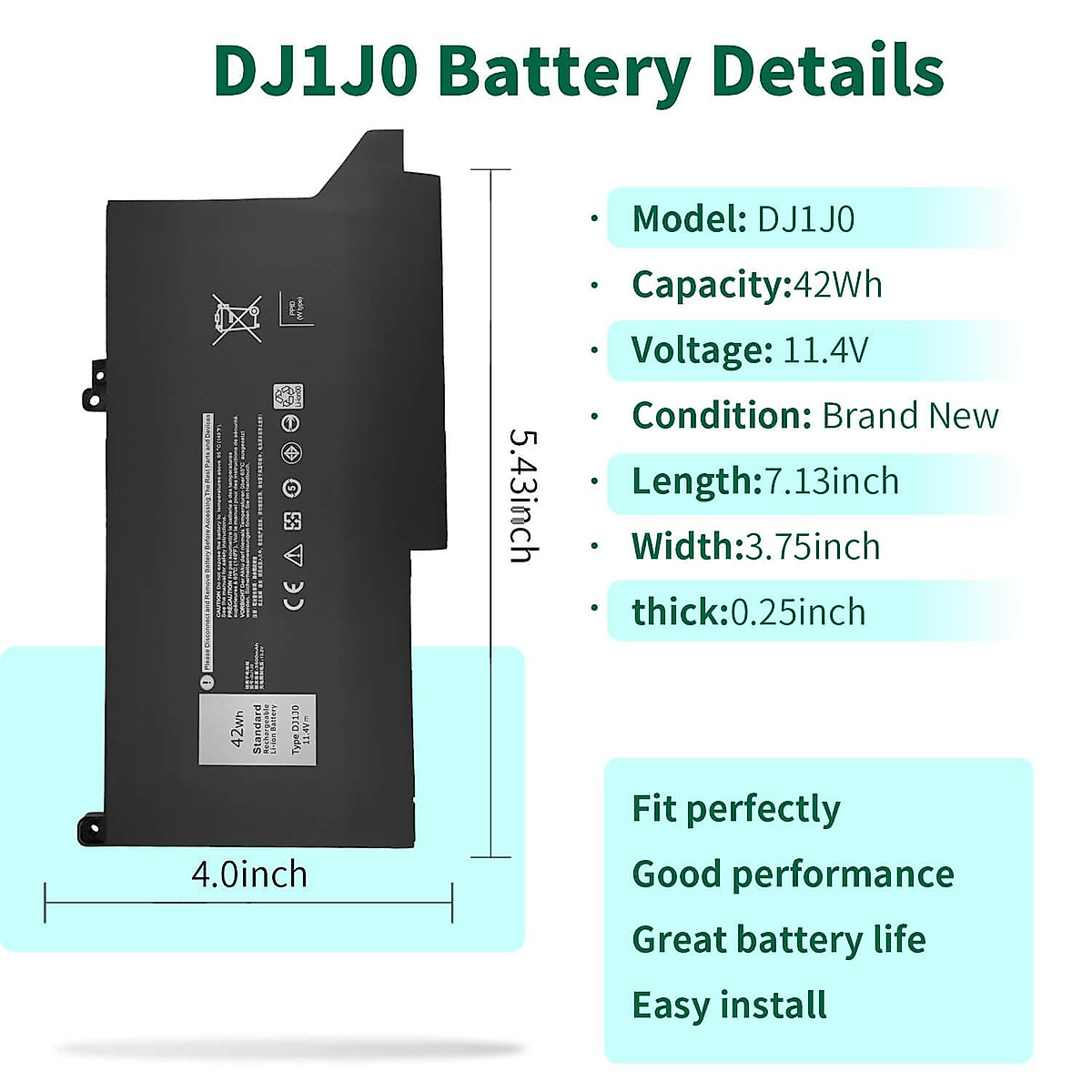 DMKAOLLK 42Wh DJ1J0 Battery for Dell Latitude 7280 7290 7380 7390 7480 7490 E7280 E7290 E7380 E7390 E7480 E7490 Series DJ1JO P28S P28S001 451-BBZL K8X0T1 ONFOH 11.4V