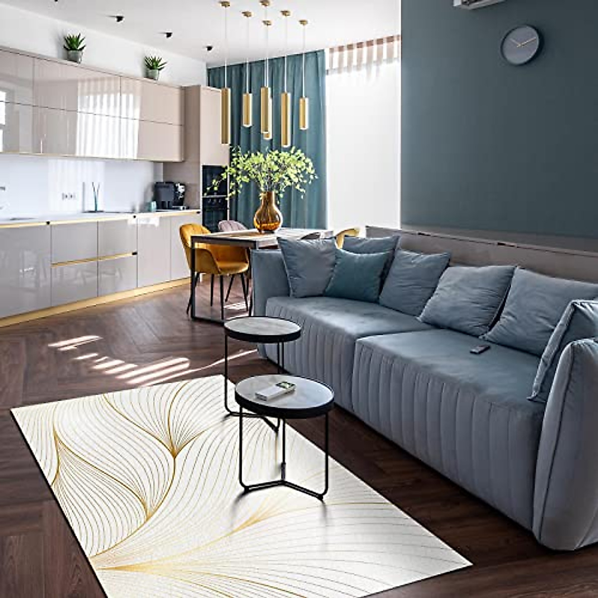 Golden Lines Leaves Texture Area Carpet, Modern White Minimalism Art Bedroom Rug, Floor Carpet Non-Slip Easy Care Soft Washable Printed for Living Room Boy Girl Tea Table Decor4 x 6ft