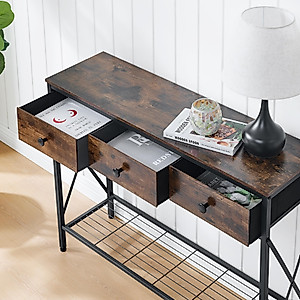 FAVOOSTY Narrow Console Table with 3 Fabric Drawers-39.8" Industrial Entryway Table with 3-Tier Storage Shelves, Thin Sofa Table for Living Room, Hallway, Entry Way, Foyer, Kitchen, Rustic Brown&Black