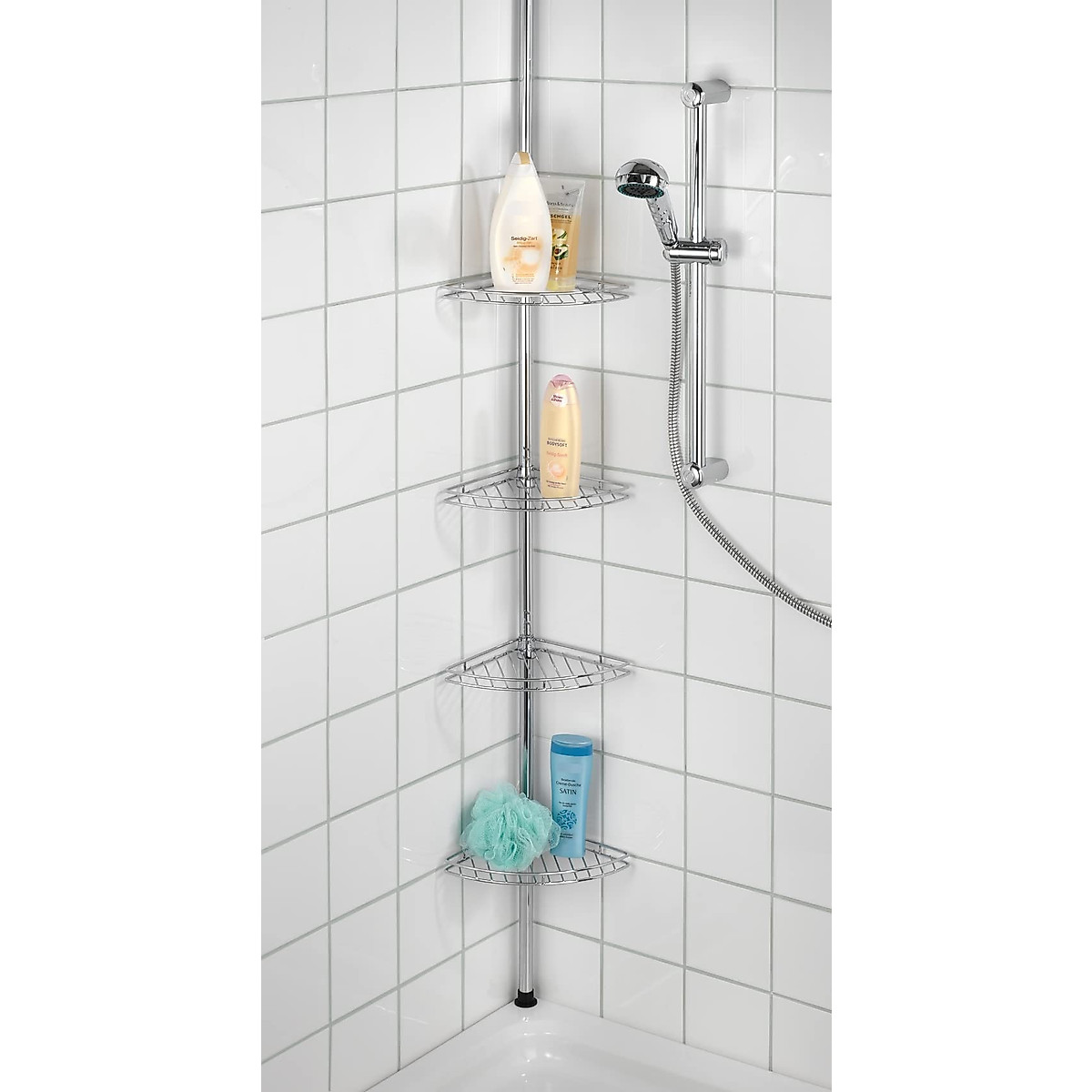 Bathroom Shelf Organizer for Shower Storage, Shower Caddy Tension Pole With 4 Storage Baskets, Stainless Steel, Silver, Dimensions 11 x 108 x 7.8 in