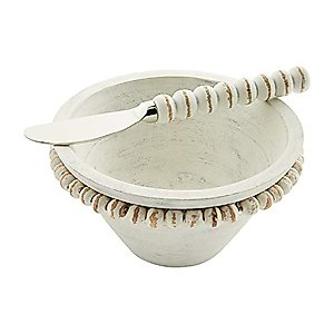 Mud Pie White Beaded Wood DIP Bowl Sets, 3" x 5 1/2" Dia | Spreader 6"