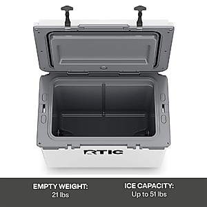 RTIC Ultra-Light 52 Quart Hard Cooler Insulated Portable Ice Chest Box for Beach, Drink, Beverage, Camping, Picnic, Fishing, Boat, Barbecue, 30% Lighter Than Rotomolded Coolers, White & Grey