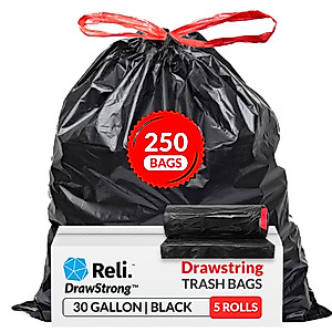 Reli. 30 Gallon Trash Bags Drawstring | 250 Count Bulk | Black | 33 Gallon Garbage Bags Heavy Duty | Large