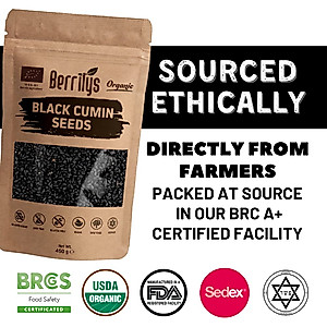 Black Cumin Seeds, USDA Organic, Berrilys, 16oz, also known as Nigella Sativa, Kalonji & Black Cumin Seeds, Great as Herbs, Seasoning, Baking, Cooking