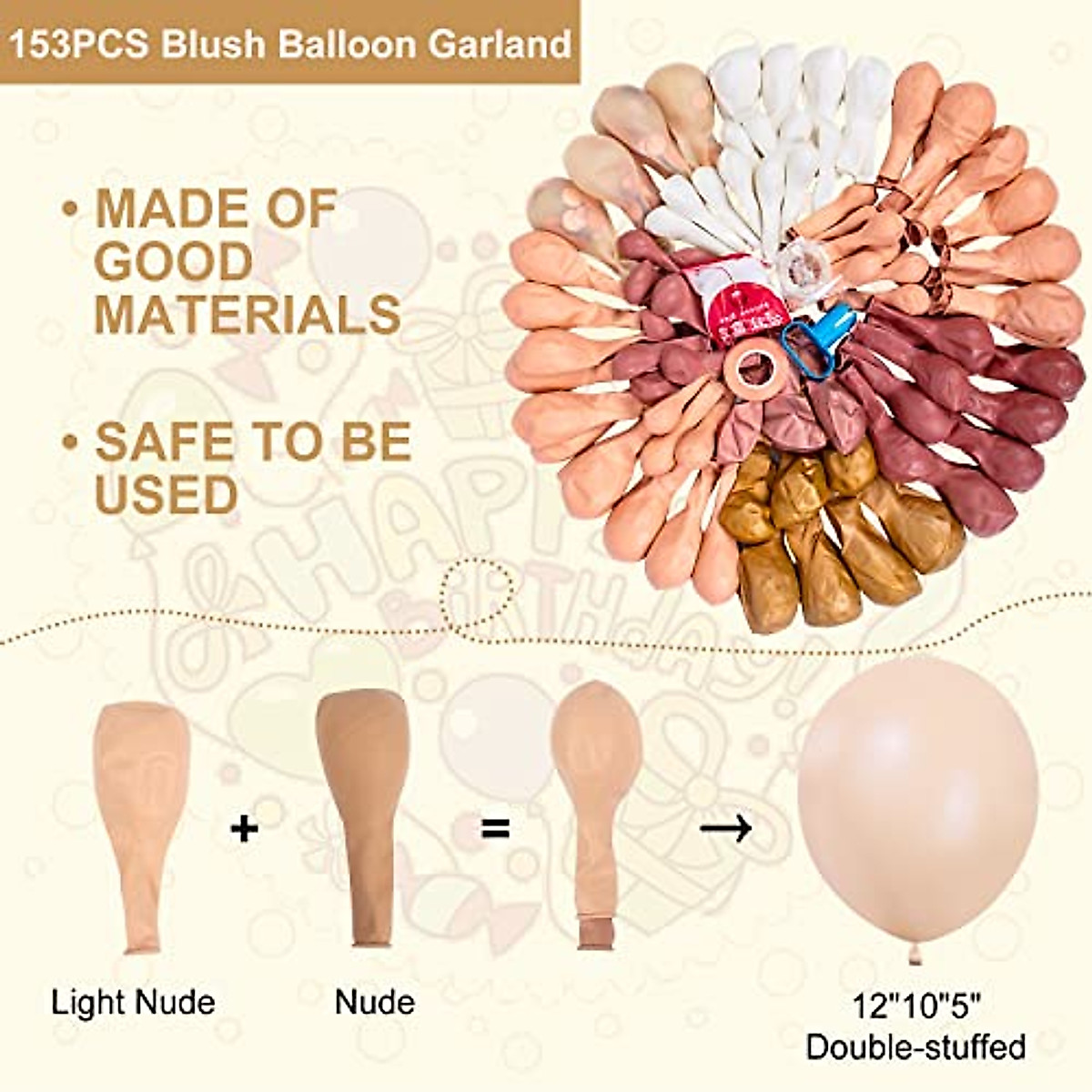 Amandir 153Pcs Boho Blush Balloon Garland Arch Kit, Double-Stuffed Nude Cream Peach Dusty Rose Pink Gold Confetti Metallic Balloons for Bridal Baby Shower Birthday Party Wedding Decorations Supplies