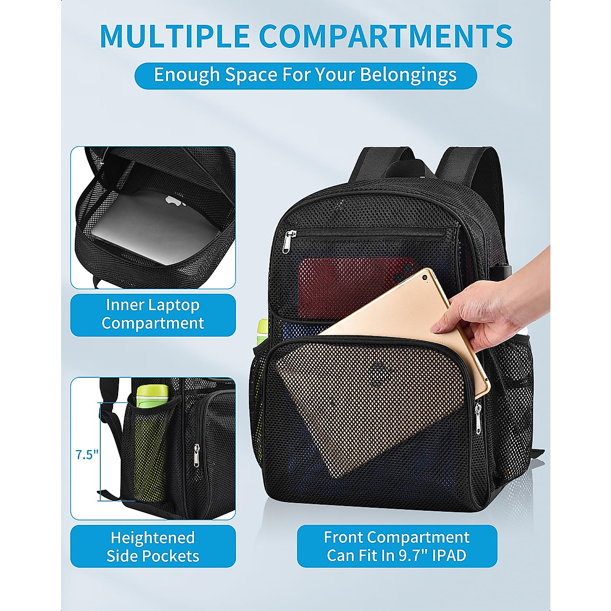 Lyingflat Mesh Backpack with Inner Compartment, Large Heavy Duty Mesh Bookbag with Padded Shoulder Straps for Travel Swimming Hiking Beach - Black