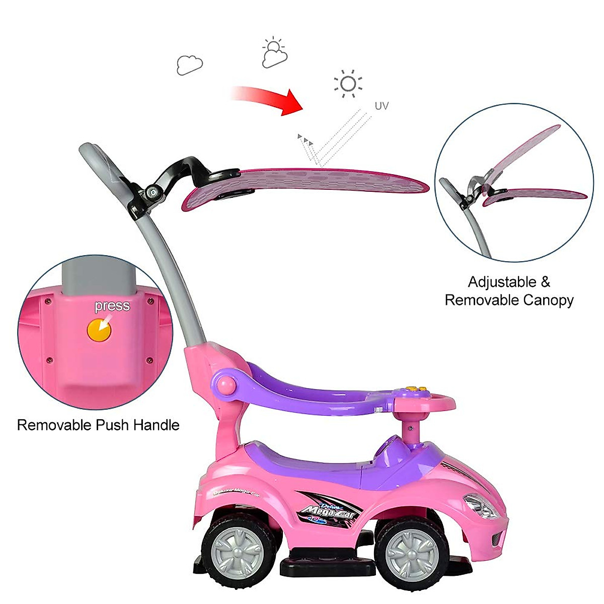 ChromeWheels Push Cars for Toddlers, 3 in 1 Ride on Push Car with Removable Canopy, Ride on Toys Mega Car w/Handle & Horn & Music, Pink