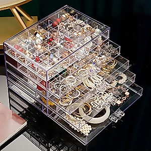 MIOINEY Acrylic Jewelry Box With 5 Drawers Earring Storage Box Clear Jewelry Box Organizer Storage Holder Compartment Tray Transparent Display Storage Case for Earrings Necklace Ring Bracelet