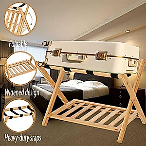 Folding Luggage Rack for Guest Room Foldable luggage Racks for Suitcase Stand with Nylon Straps,Luggage Stand Double Tiers Bamboo Luggage Holder with Shelf for Bedroom,Hotel,No Assembly Required