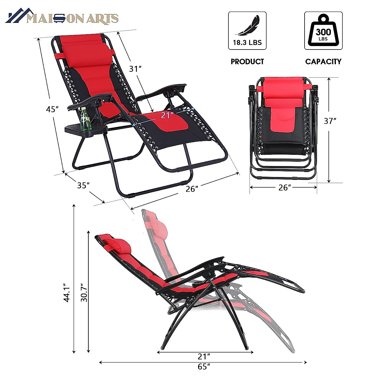 MAISON ARTS Oversized Padded Zero Gravity Lawn Chair Foldable Patio Recliner Anti Gravity Lounge Chair w/Pillow & Cup Holder Outdoor Camp Chair for Poolside Backyard Beach, Support 300lbs, Red