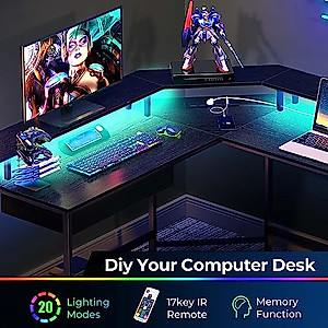 Rolanstar L Shaped Gaming Desk with Drawer, 55.1" Reversible Computer Desk with Power Outlets & LED Lights, Home Office Desk with Monitor Stand & Storage Shelf, Corner Desk with Hooks Black