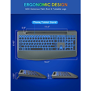 Trueque Wireless Keyboard with 7 Colored Backlits, Wrist Rest, Phone Holder, Rechargeable Ergonomic Computer Silent Keys, Full Size Lighted for Windows, MacBook, PC, Laptop (Gray), Grey