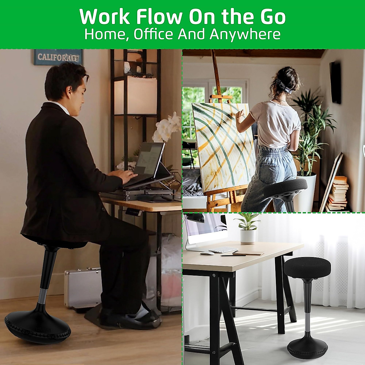 Wobble Stool Standing Desk Chair Ergonomic Tall Adjustable Height sit Stand-up Office Balance Drafting bar swiveling Leaning Perch Perching high swivels 360 Computer Adults Kids Active Sitting Black