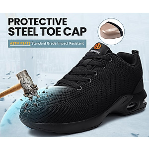 FENLERN Steel Toe Shoes for Women Lightweight Safety Shoes Comfortable Work Shoes Ladies Steel Toe Sneakers Non Slip Work Shoe Arch Support Breathable Cushioning (5,Black)