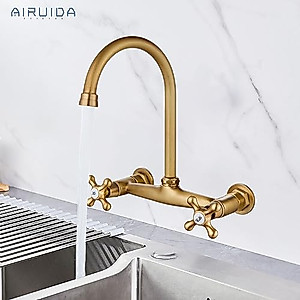 Airuida Antique Brass Wall Mount Kitchen Sink Faucet, Wall Mounted 8 Inches Center Faucet, Wall Mounted Commercial Kitchen Faucet, 360 Degree Swivel Spout Mixer Commercial Tap with Female Thread