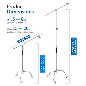 NEEWER Pro 100% Metal C Stand Light Stand with Wheels, Max. Height 10.8ft/330cm Adjustable Reflector Stand with 4ft/120cm Boom Arm & 3 Pulleys for Photo Studio Video Reflector, Monolight, etc