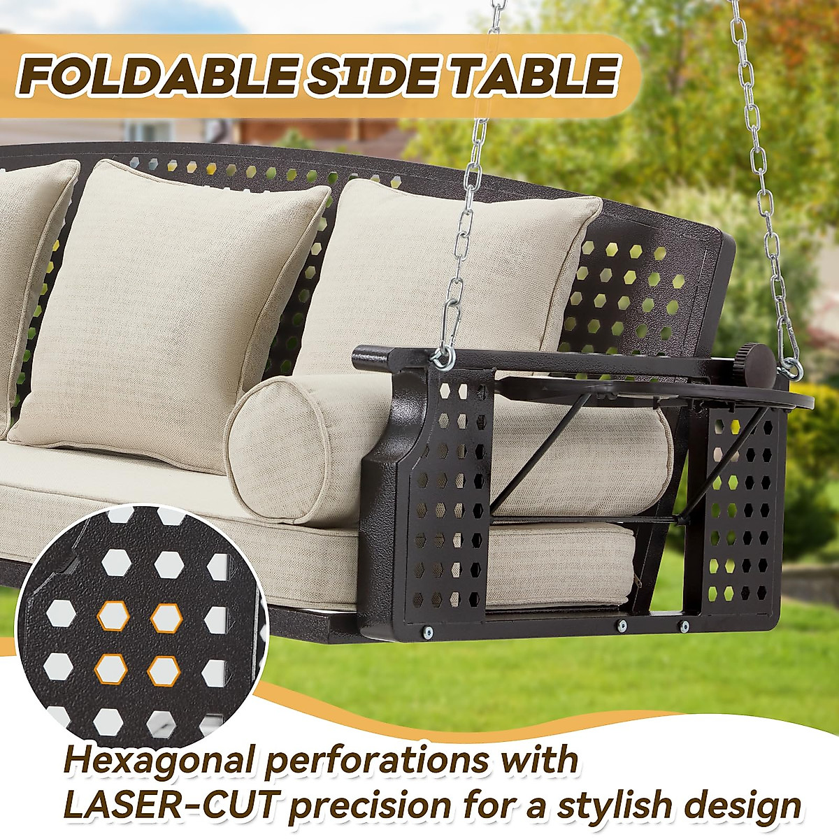 Yalissey 3 Seat Hanging Porch Swing, Patio Swing Bench with Tea Trays & 3 Back Cushions, Swing Chair with Chains for Deck Garden Backyard (Beige)