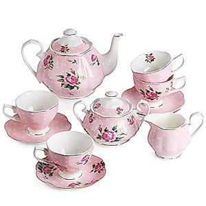 BTaT- Floral Tea Set, Tea cups (8oz), Tea Pot (38oz), Creamer and Sugar Set, Gift box, China Tea Set, Tea Sets for Women, Tea Cups and Saucer Set, Tea Set for Adults, 4 Tea Cups Set