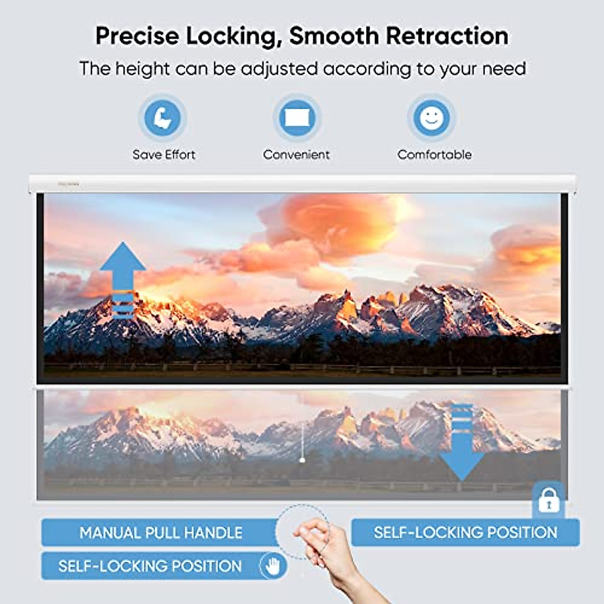 100'' HD Photon Projector Screen 16:9 - Auto-Locking Projection Screen for 4K 3D 1080P HD, ROCK4D Manual Projector Screen Pull Down for Home Cinema Theater Office Education Outdoor Indoor Movies