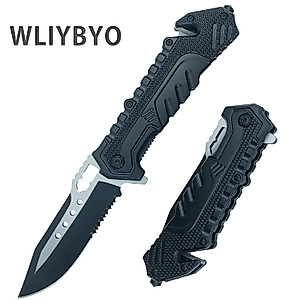 Wliybyo J29 Pocket Knife, 3 in 1 Folding Knife with Glass Breaker & Seatbelt Cutter, Pocket Knife for Men with Liner Lock, Survival Knife for Rescue
