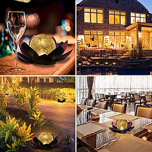 QZZP Solar Lights Outdoor Garden Decor,Crackle Globe Glass Decoration,Outside Waterproof Purple Metal Lotus Flower for Pathway,Walkway,Patio,Yard,Lawn,Tabletop,Ground